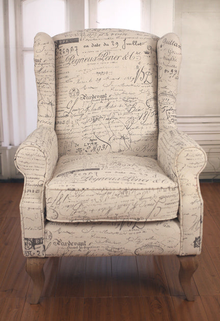 Wingback Chair French Script Linen Oak | Buffet and Hutch